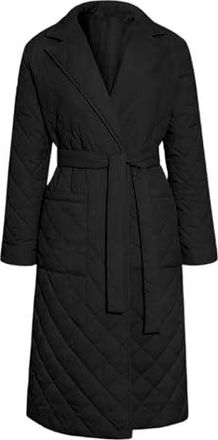 Generic Manteau long femme hiver &eacute;l&eacute;gant, veste chaude et tendance avec col &agrave; revers et ceinture &agrave; la taille, noir, taille XL