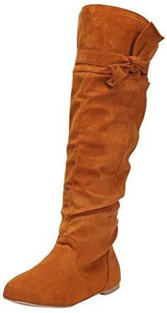 Generic Bottes en daim à talon plat pour femme - Bottes hautes au genou avec fermeture éclair latérale - Bottes classiques à enfiler - Bout rond - Bottes long