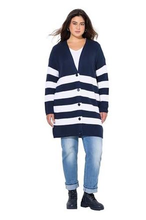 Ulla Popken Femme Grandes Tailles Cardigan ray&eacute; &agrave; Bords roulott&eacute;s, Encolure en V et Coupe Boxy Bleu Encre 54+ 834573740-54+