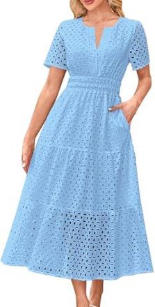 Generic Robe trapèze à Manches Courtes et col en V pour Femme, Robe Longue dété à oeillets (Sky Blue,M)