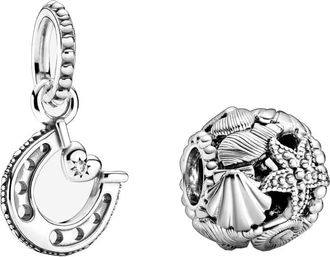 Pandora Pandora Gl&uuml;ckshufeisen Charm-Anh&auml;nger + Offen gearbeitetes Seestern, Muschel und Herzen Charm aus Sterling Silber mit Zirkoniasteinen verziert, SET799