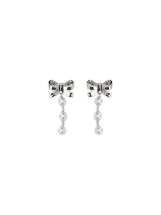 Self Portrait Womens Crystal Bow And Pearl Drop Earrings Silver Brass