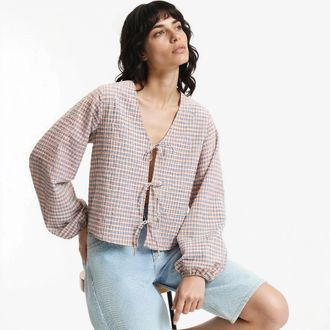 La Redoute Collections Blouse Col V &Agrave; Carreaux &Agrave; Liens &Agrave; Nouer