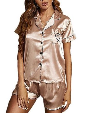 Onsoyours Ensemble de Pyjama pour Femme en Satin &agrave; Manches Courtes Pyjama en Satin de Soie pour Femme A Champagne XS