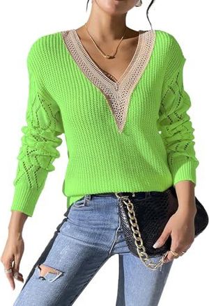 Generic Pull Femme Col V Tricot Bohème Automne Mode Sexy Dentelle Creuse Décontracté Manches Longues Contrastées