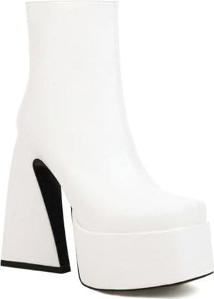 Generic Bottines compens&eacute;es &agrave; bout carr&eacute; pour femme - Talon &eacute;pais - Fermeture &eacute;clair lat&eacute;rale - Chaussures dhiver tendance western cowgirl, blanc, 38.5 EU