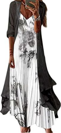 Minetom Robe DÉté De Plage pour Femme Maxi Robe en Mousseline De Soie À Motif Floral Col V Robe Longue Robe avec Blouse De Protection Solaire A8 Noir XL