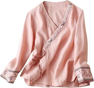 Generic Chemise d&eacute;t&eacute; en lin pour femme - Manches longues - Chemisier en lin pour femme - Grande taille - Broderie - Chemisier vintage - Chemisier d&eacute;t&eacute; ample -