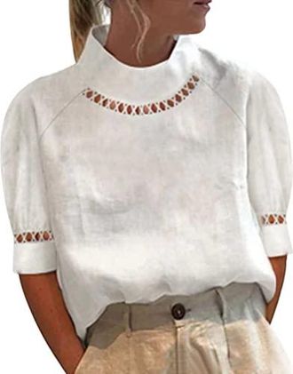 Onsoyours Chemisier Femme T-Shirt Manche Courte Dentelle Oversized Lin Coton Blouse Tunique Casual Col V Couleur Unie Hauts Sexy Mode Chemise Tops N Blanc 3XL