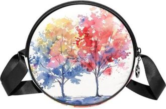 Generic Sac &agrave; bandouli&egrave;re rond pour femme, motif arbre, aquarelle, petit sac &agrave; dos &agrave; bandouli&egrave;re avec fermeture &eacute;clair, bretelles r&eacute;glables, sac &agrave; main rond d