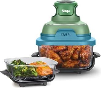 Ninja CRISPi Tragbare Hei&szlig;luftfritteuse, 3,8 l & 1,4 l, 4-in-1: Hei&szlig;luftfrittieren, Braten, Aufknuspern, kompaktes Design, 2 abnehmbare Glasbeh&auml;lter & Decke