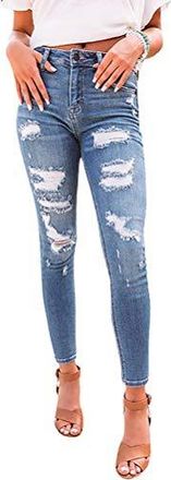 Minetom Femme Jeans Déchiré Push Up Skinny Slim Fit Stretch Boyfriend Denim Bootcut Crayon Pantalons Jeggings Casual Rétro Pants H Bleu XS