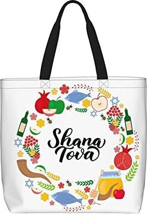 Generic Sac Fourre-Tout Rosh Hashanah Shana Tova Sac &Agrave; Bandouli&egrave;re En Toile Avec Poign&eacute;es De Grande Capacit&eacute; Sacs En Toile Pour Femmes, Pour Shopping, Tous Le