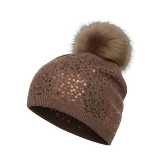 styleBREAKER Bonnet &agrave; Pompon et &agrave; Mailles Fines, Paillettes et Pompon en Fausse Fourrure Amovible, Bonnet &agrave; Pompon, Femme 04024134, Couleur:Marron