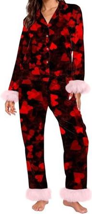 Generic Ensemble de pyjama 2 pi&egrave;ces en satin de soie pour femme avec bordure en plumes, chemise boutonn&eacute;e, pantalon de d&eacute;tente, ensemble de pyjama 2 pi&egrave;ces av