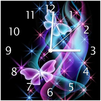 Wallario Design-Wanduhr Schmetterlinge in bunten, strahlenden Farben aus Glas, Motiv-Uhr Größe 30 x 30 cm, weiße Zeiger