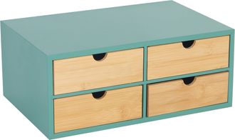Relaxdays Schreibtisch Organizer, 4 Schubladen, f&uuml;r B&uuml;routensilien, HxBxT: 14 x 33 x 21 cm, Bambus & MDF, Mint/Natur