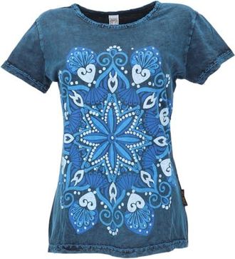Guru Shop T-shirt bohème avec imprimé mandala délavé pour femme en coton, bleu, 42