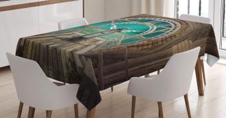 Abakuhaus Steampunk Tischdecke, Fantasy-Uhrturm, Für den Inn und Outdoor Bereich geeignet Waschbar Druck Klar Kein Verblassen, 140 x 240 cm, Hellbraun Türkis
