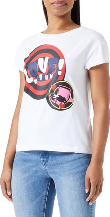 Love Moschino Boxy fit Short- Sleeved t-Shirt in Stretch Cotton Jersey, Customized with Record Player Water Print on Front