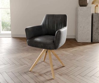 DELIFE Drehstuhl Xana-Flex mit Armlehnen Mikrofaser Anthrazit Vintage Holzgestell kantig Natur 180&deg; drehbar Taschenfederkern, Esszimmerst&uuml;hle