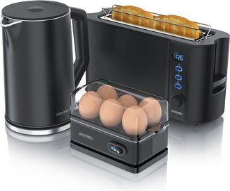 Arendo Fr&uuml;hst&uuml;cks-Set Wasserkocher 1,5l, 2-Scheiben Toaster, 6er Eierkocher, Schwarz - Arendo