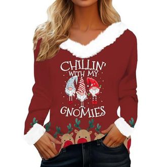 Generic Chemise rayée à manches longues pour femmes, chemises de Noël pour femmes, automne hiver, col en peluche, poignets imprimés de Noël, t-shirt ample déc