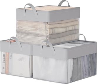 Songmics Aufbewahrungsbox 3er Set, Aufbewahrungskorb mittelgroß, Ordnungsboxen Stoff, Faltbox, transparentes Nylonnetz, 40 x 30 x 25 cm, Griffe, für Schlafzimm