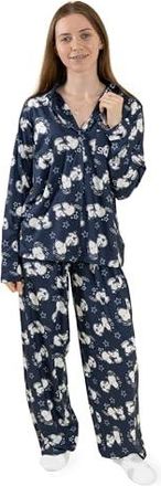 Peanuts Ensemble Pyjama Snoopy pour Femme, Manches Longues et Jambes Longues Bleu Marine et Blanc &agrave; col | V&ecirc;tement de Nuit &agrave; Motif Dessin anim&eacute; Confortable en