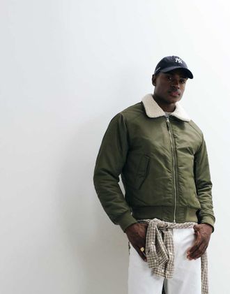 Blend Bomber 100 % nylon avec col contrastant - Kaki-Vert