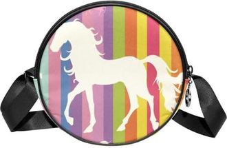 Generic Sac &agrave; bandouli&egrave;re rond pour femme, motif licorne arc-en-ciel ray&eacute;, petit sac &agrave; dos avec fermeture &eacute;clair, bretelles r&eacute;glables, sac &agrave; main rond d&eacute;contr