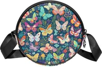 Generic Petit sac &agrave; bandouli&egrave;re rond pour femme, motif feuilles de papillons color&eacute;es, sac &agrave; dos avec fermeture &eacute;clair, bretelles r&eacute;glables, sac &agrave; main rond d