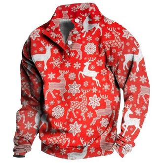 Generic Pull de Noël pour homme avec imprimé renne amusant - Polo de Noël 2025 - Col boutonné à manches longues - Pour lautomne et lhiver - Tendance et décont