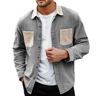 Generico Munweiyu Chemise en velours c&ocirc;tel&eacute; bicolore pour homme - Manches longues - Patchwork - Col boutonn&eacute; - Chemise d&eacute;contract&eacute;e vintage - Avec poches poitr