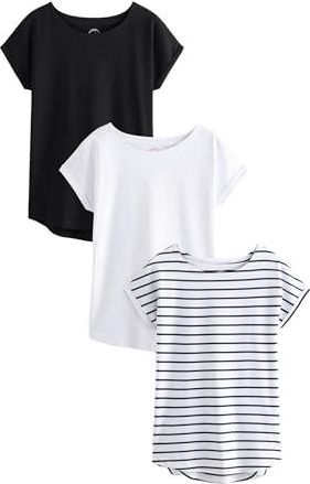 Next Femme, T-Shirts &agrave; Manches Courtes, 100% Coton (Lot de 3) Noir/Blanc/Rayure 52