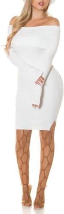 Koucla Robe de cocktail Carmen &agrave; manches longues en maille c&ocirc;tel&eacute;e avec large col rabattu, Blanc., taille unique