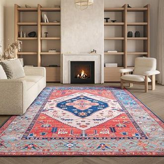 Safavieh Traditionell Teppich f&uuml;r Rug Ideal f&uuml;r stark frequentierte Bereiche - Maschinenwaschbar und rutschfest - Tucson Collection, Kurzer Flor, in Rost und B