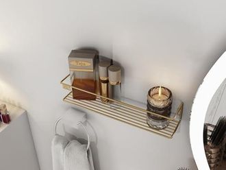 Hanah Home Elegant Gold Wall Shelf, 7 x 7 x 33 cm | 100% Metal, 1 kg Capacity | Unique Real Wood Design, Perfect for Modern Decor & Display