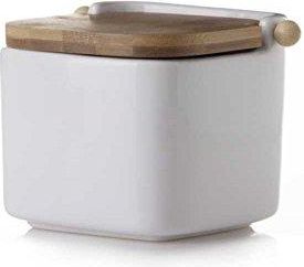 Dcasa Salzstreuer, quadratisch, Keramik, Weiß, mit Deckel aus Bambus, 12 x 12 x 10,5 cm