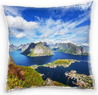 Paul Sinus Art Landschaft, blau, braun, Berge, Norwegen Deko Kissen 40x40cm f&uuml;r Couch Sofa Lounge Zierkissen - Dekoration zum Wohlf&uuml;hlen