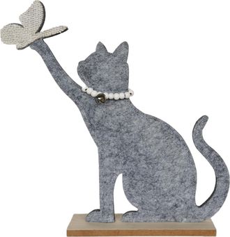 Goldbach Deko Katze mit Schmetterling auf Holzsockel 29cm groß aus Filz Filzkatze Figur Katzenfigur Dekokatze zum Hinstellen