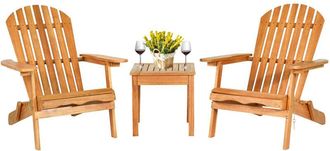 Costway Costway - Ensemble de 3 Pièces Fauteuil Adirondack en Bois Eucalyptus et Table, Chaises Pliables avec Design à Lattes pour Jardin, Terrasse, Naturel