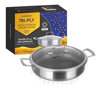 KASANOVA Poêle à frire 28 cm avec couvercle 3 couches Tri - pli gris Cuisson