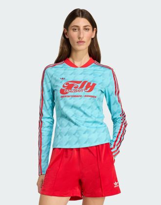 adidas Originals Maillot de football moulant &agrave; manches longues et imprim&eacute; int&eacute;gral - Bleu lumineux