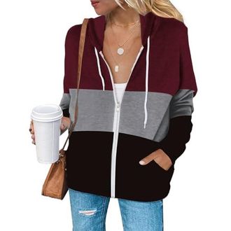 Generic Sweat &agrave; capuche &agrave; manches longues et fermeture &eacute;clair pour femme - Grande taille, Rouge/gris, 3XL