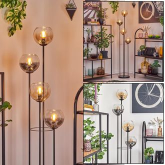 HOFSTEIN Stehleuchte Koyoto, Stehlampe aus Metall/Glas in Schwarz/Rauch/Bernstein/Klar, Leuchte im Retro/Vintage-Design (&Oslash; 15 cm), Fu&szlig;schalter, 147 cm, E14, Wo