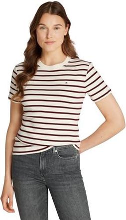 Tommy Hilfiger T-Shirt Manches Courtes Femme Slim Cody Col Ras-du-Cou, Multicolore (Fine STP Calico/Deep Rouge), XXL