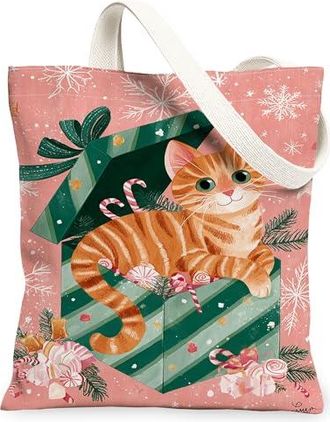 Generic Sac fourre-tout en toile motif chat de No&euml;l, sacs d&eacute;picerie r&eacute;utilisables, l&eacute;gers et lavables, P&ecirc;che, 13x15 Inch