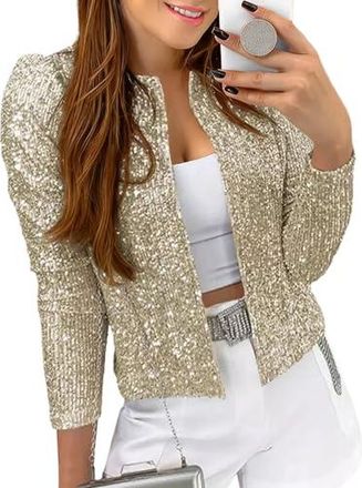 Generic Blazer à Sequins pour Femme, Veste décontractée Ouverte sur Le Devant, à Paillettes, Manches Longues, Blazer Court, Cardigan, Manteau