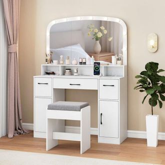 Costway Coiffeuse avec Miroir Lumineux et Tabouret, Coiffeuse avec Rangement, 3 Couleurs de Lumi&egrave;re, Table de Maquillage 108 x 40 x 149 cm, Blanc